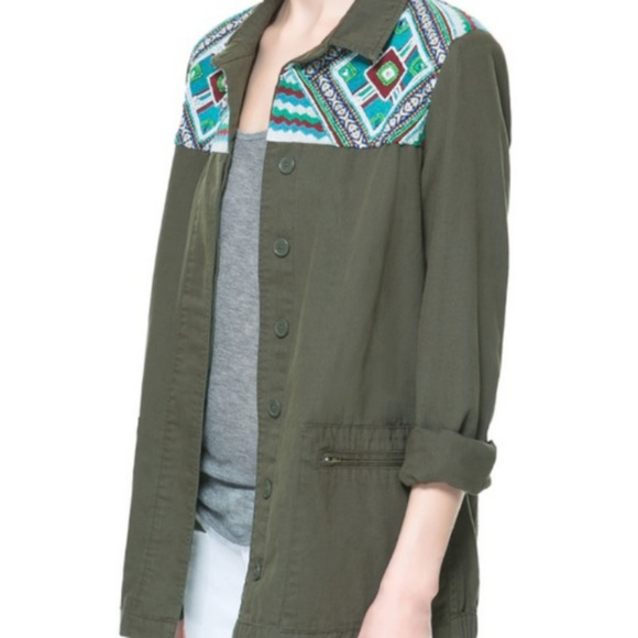 Zara | Jackets & Coats | Zara Army Green Embroidered Utility Jacket ...